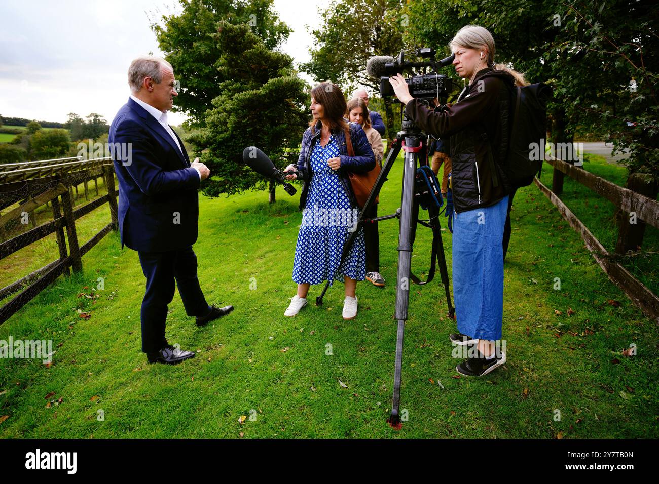 Liberal Democrat leader Sir Ed Davey speaks to media during a visit to ...