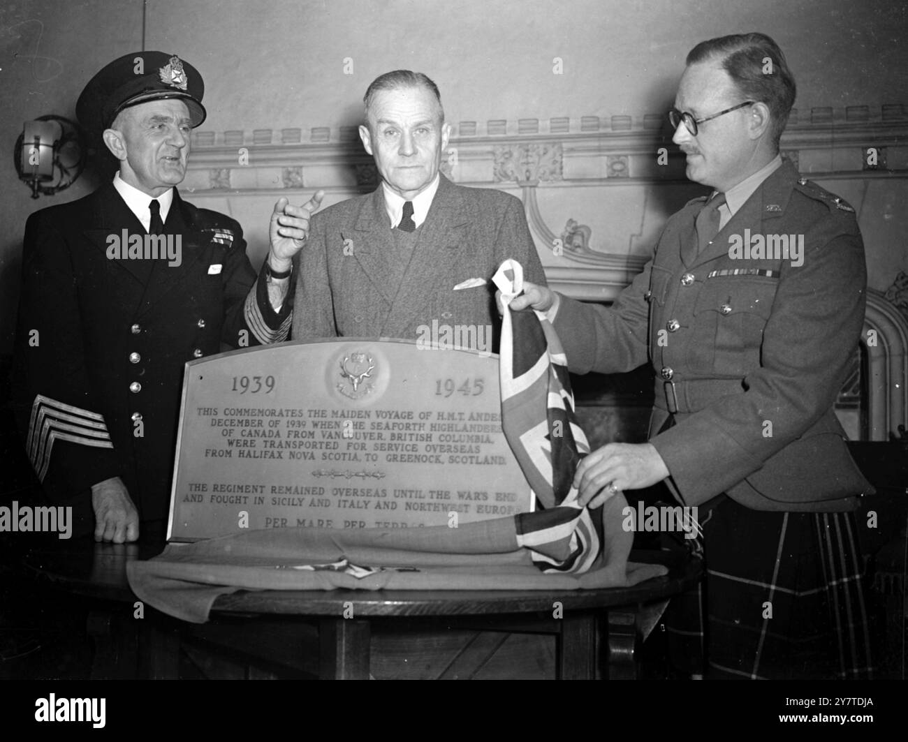 A commemorative plaque was presented by the Seaforth Highlanders of ...