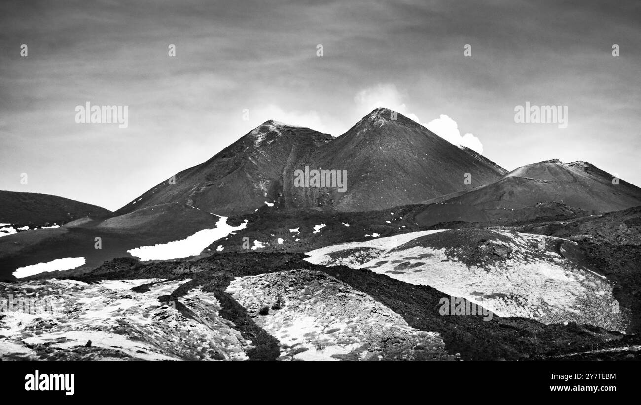 black and white landscape of the volcanic rocks at the top of Mount ...