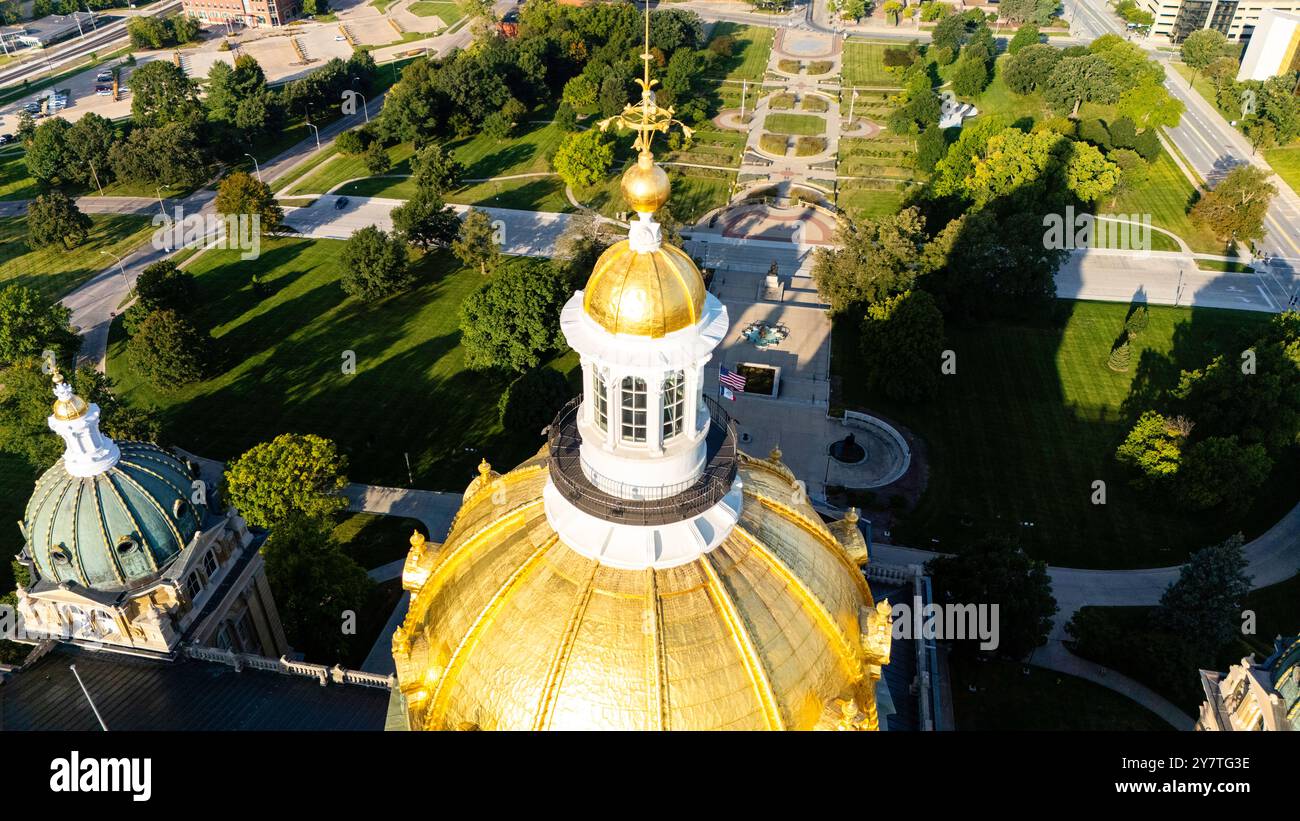Aerial photograph of Iowa's beautiful, gold-leaf covered State Capitol ...