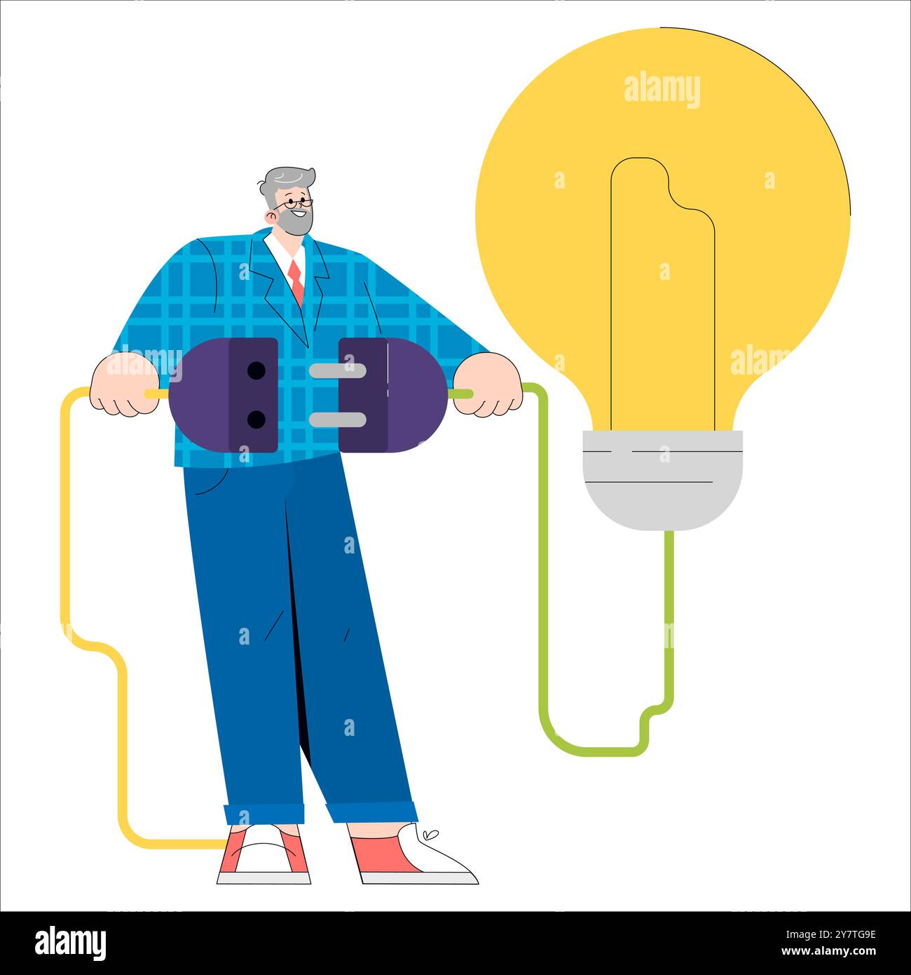 Experienced businessman connecting to a light bulb, symbolizing idea ...