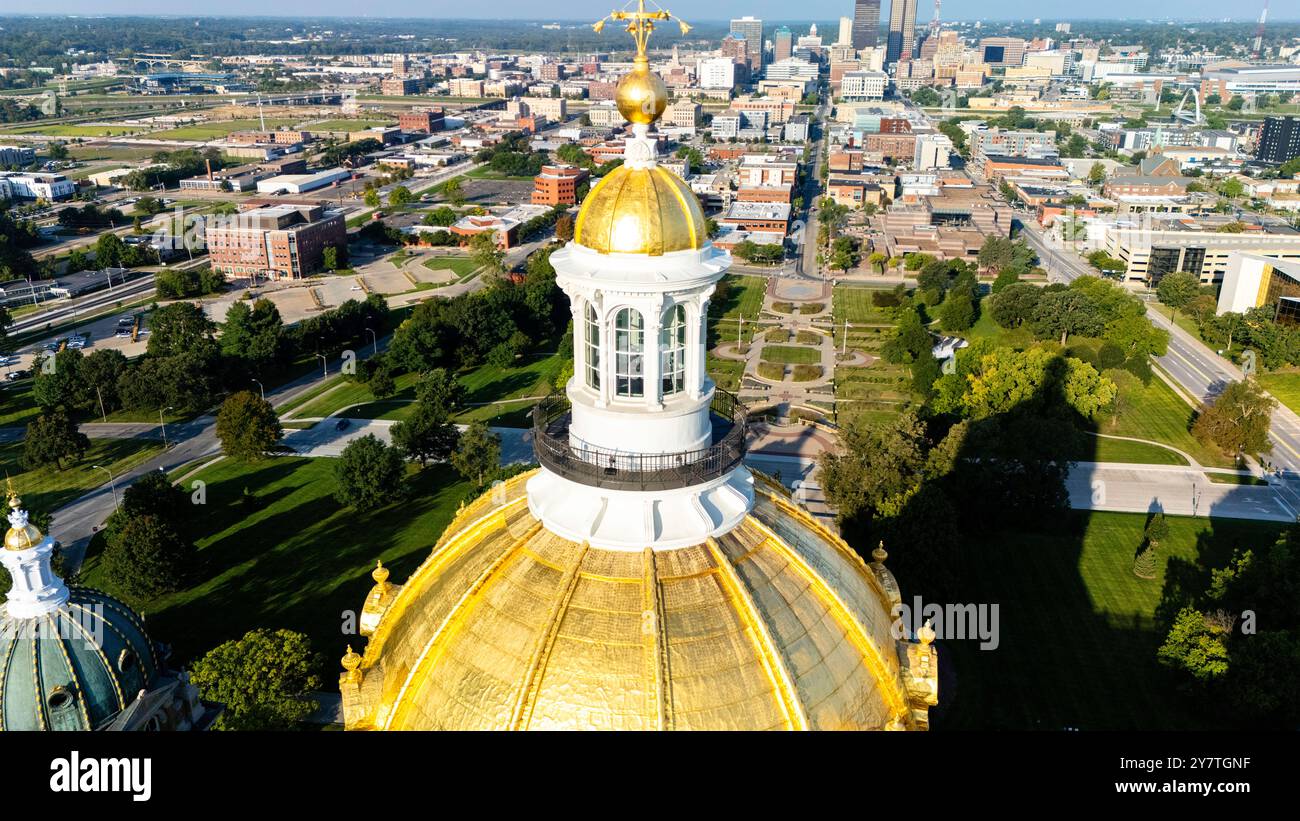 Aerial photograph of Iowa's beautiful, gold-leaf covered State Capitol ...