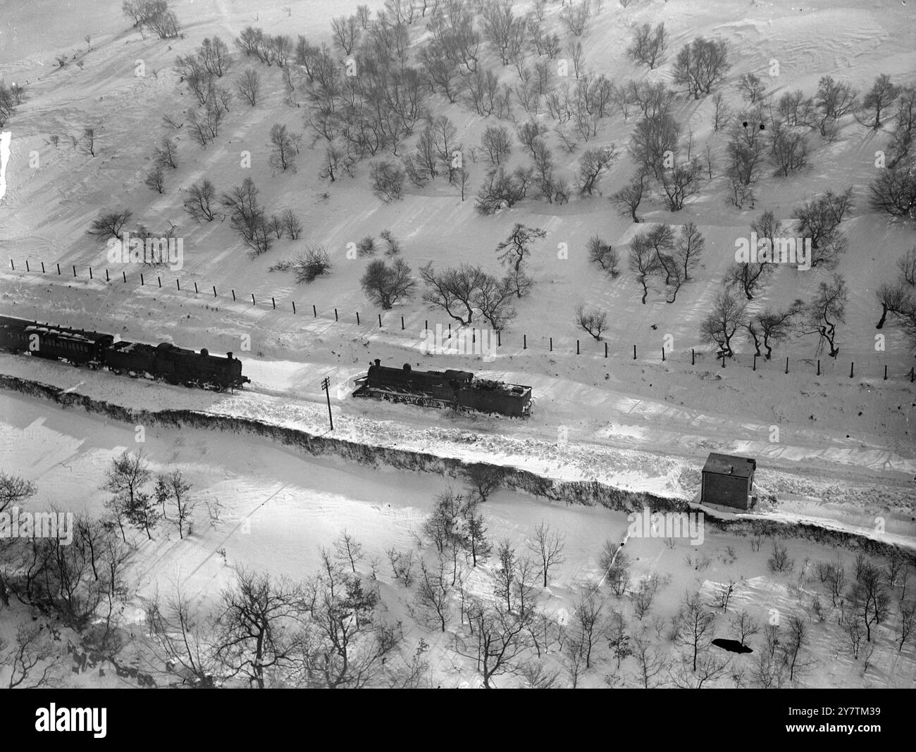 Aerial picture - Trains snowed up after great blizzard in Welsh ...
