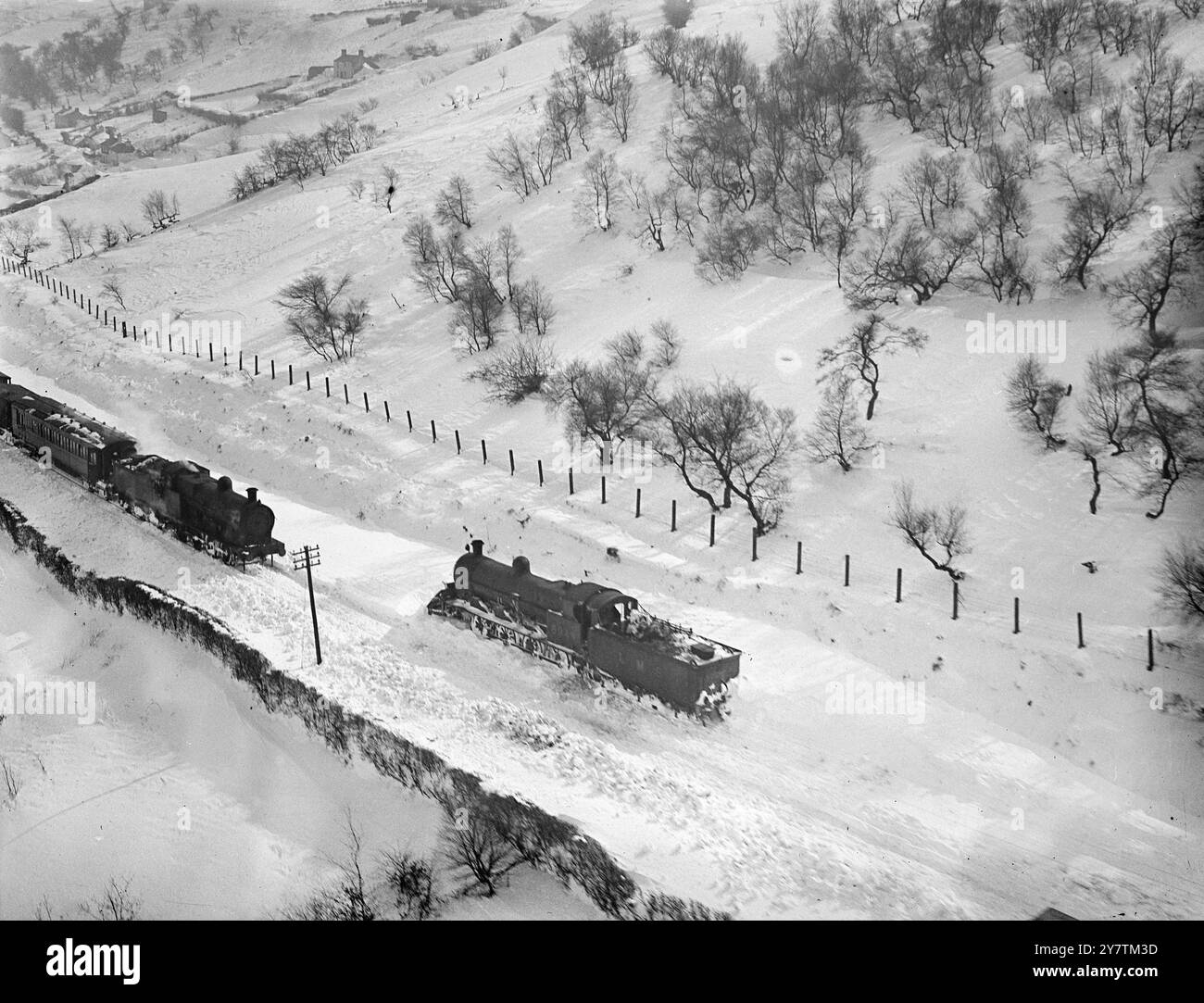 Aerial picture - Trains snowed up after great blizzard in Welsh ...