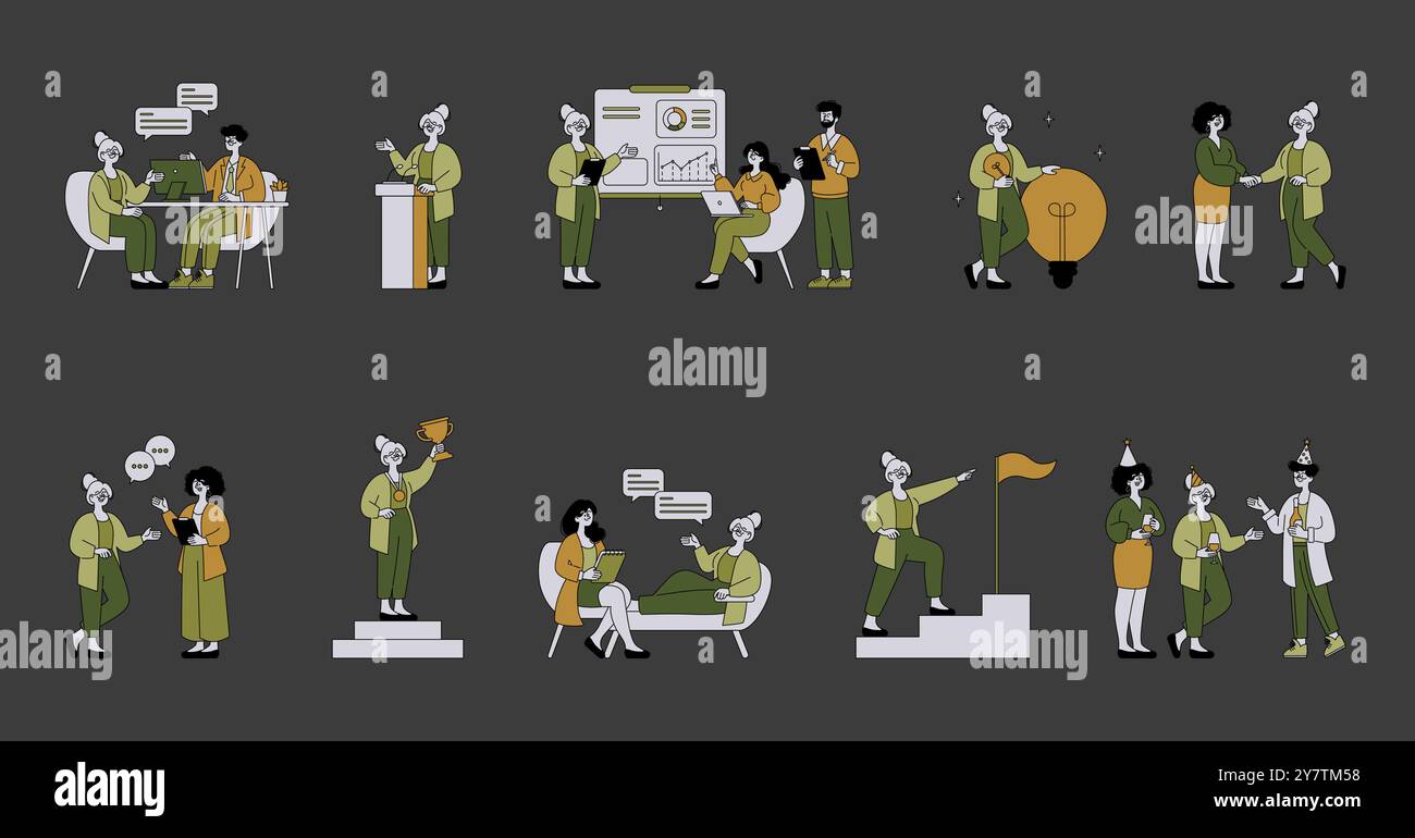 Business Woman set. Diverse scenes of professional activities and ...