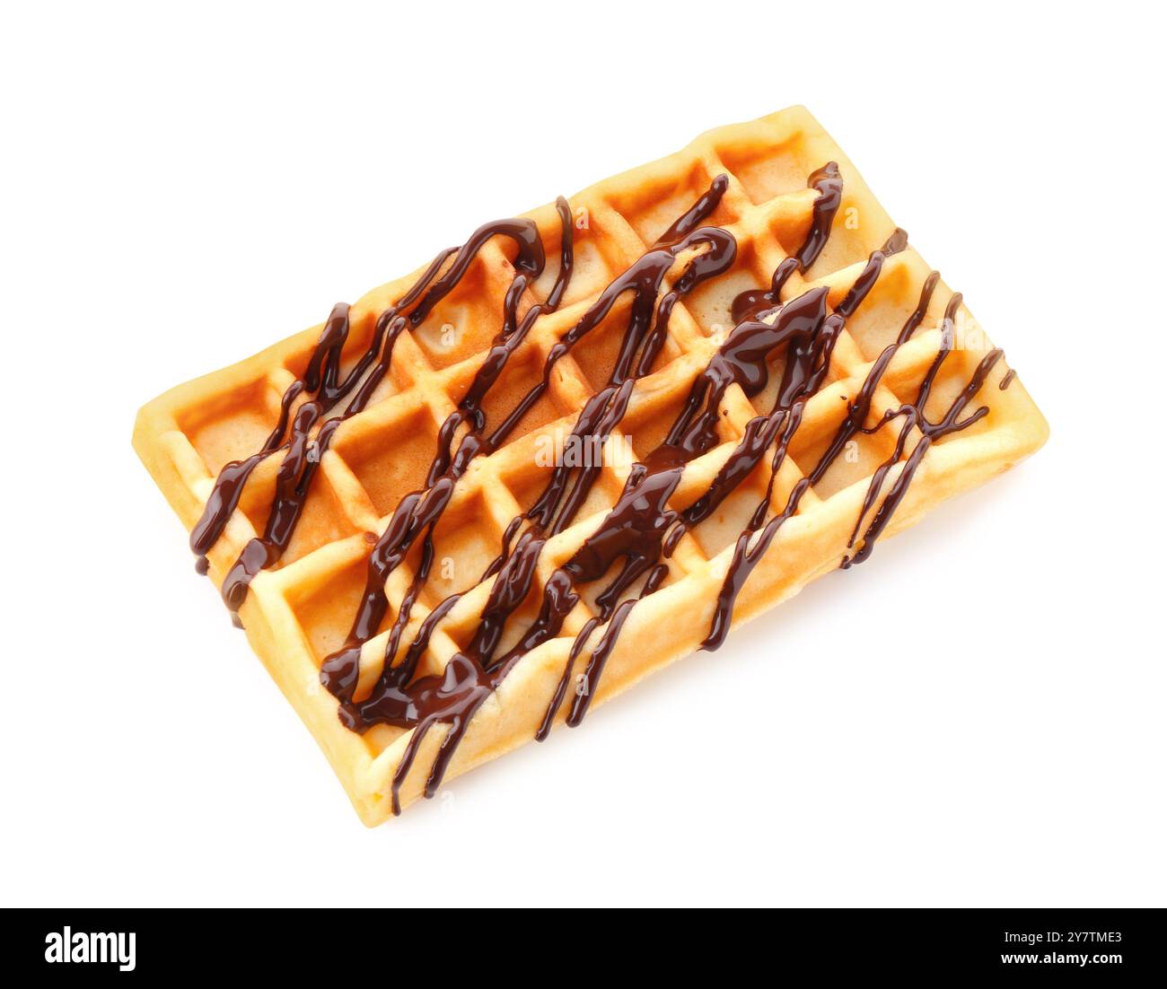 Delicious Belgian waffle with melted chocolate isolated on white, above ...