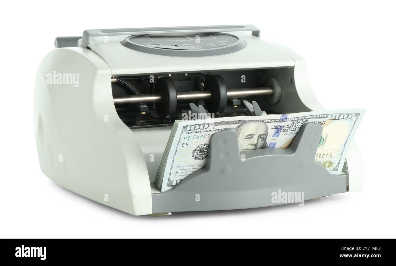 Money counter machine with dollar banknotes isolated on white Stock ...