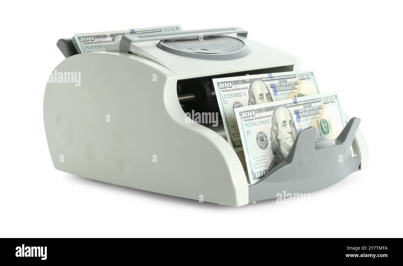 Money counter machine with dollar banknotes isolated on white Stock ...