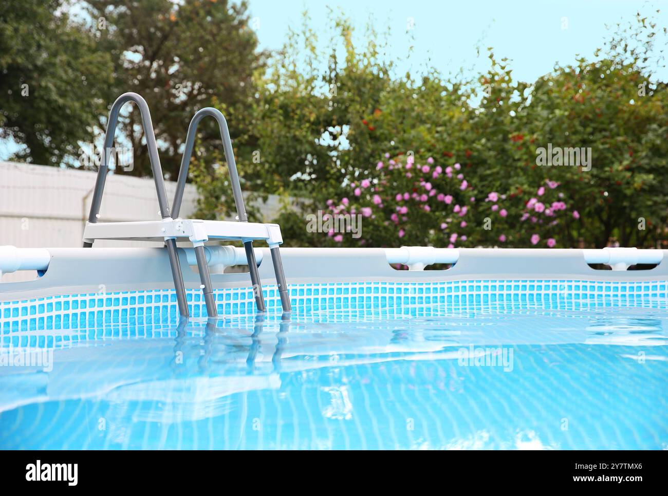 Above ground swimming pool with handrails and ladder in backyard Stock ...