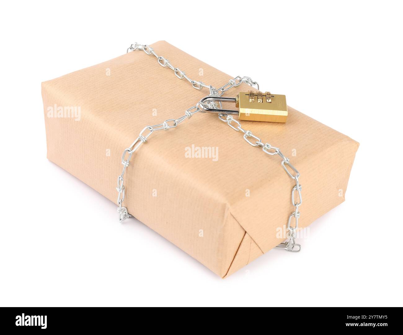 One parcel with chain and padlock isolated on white Stock Photo - Alamy