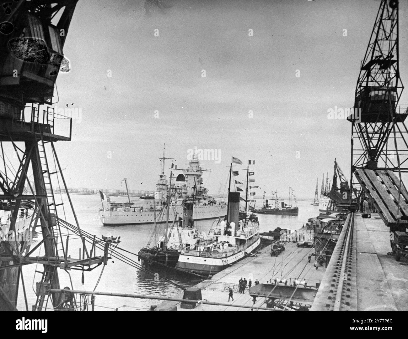 French battleship " Strasbourg " in Le Havre docks, France1930s Stock ...