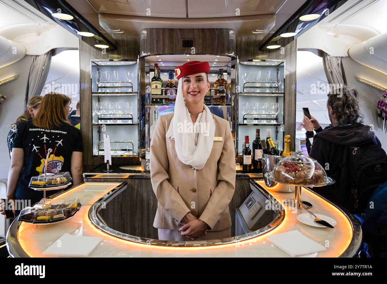 Stewardess, flight attendant, bar in business class, Emirates Airbus ...