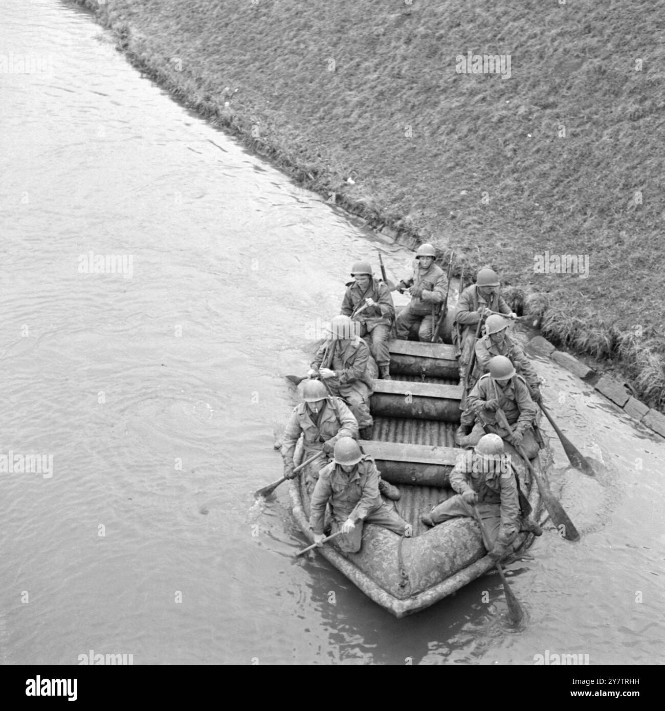7th Army assault troops in rubber dinghy practice river crossing ...