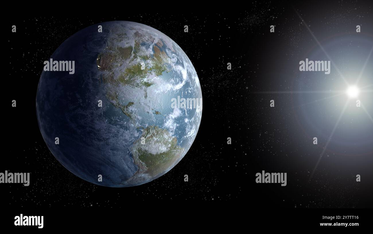 Rendered illustration of Earth from space with the sun shining brightly ...