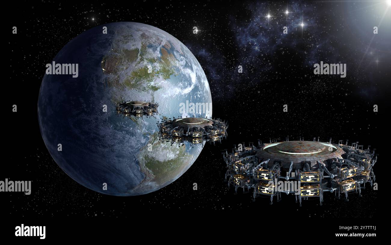 Rendered illustration of an alien spacecraft army approaching Earth ...