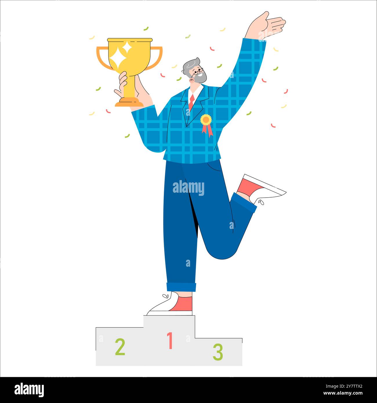 Triumphant older businessman celebrating victory with a trophy on ...