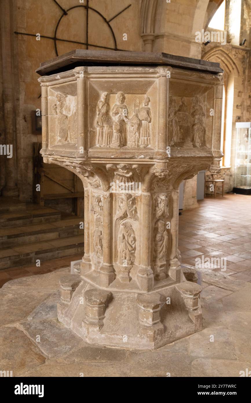 English 13th century medieval font, interior of Binham Priory, or St ...