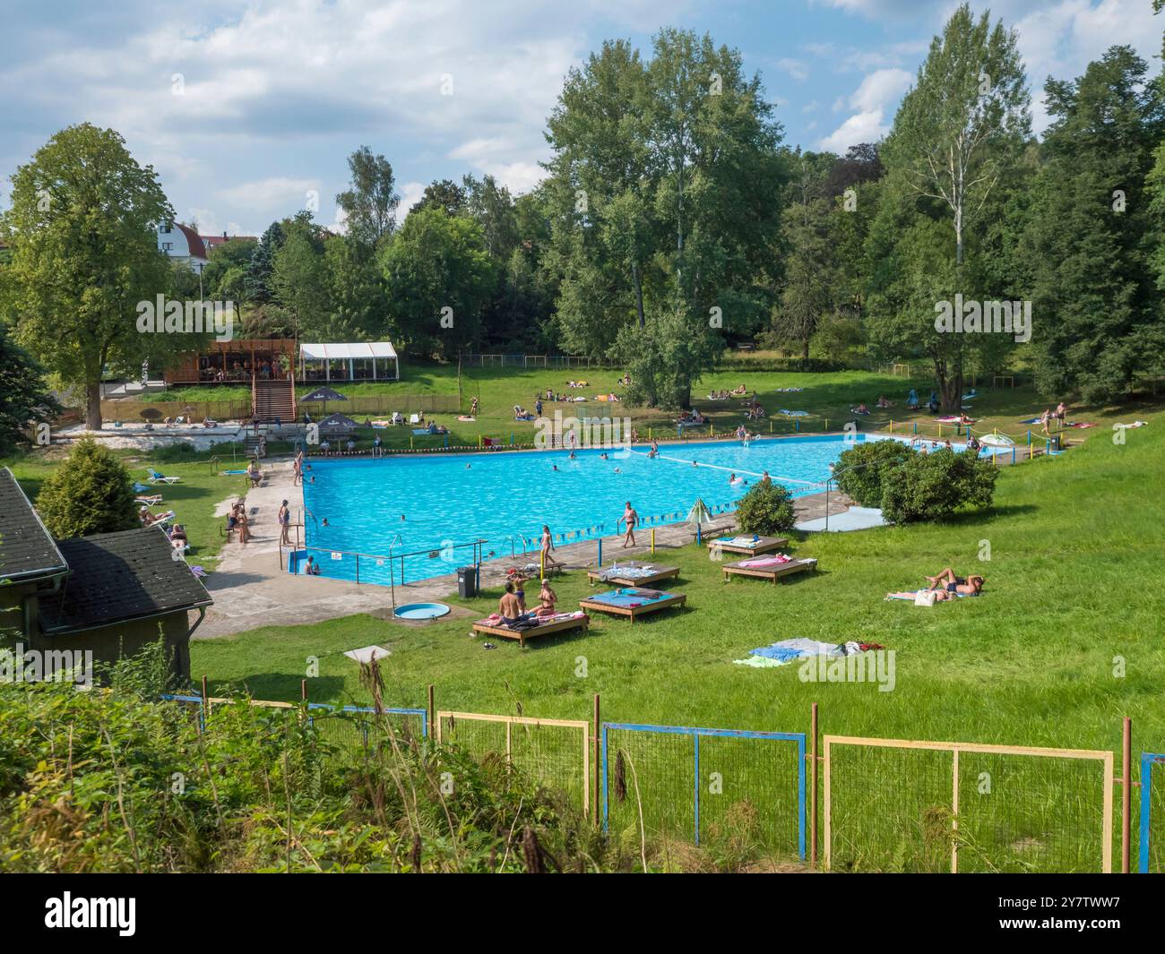 Ceska Kamenice, Czech Republic, August 1, 2024: Public outdoor swimming ...