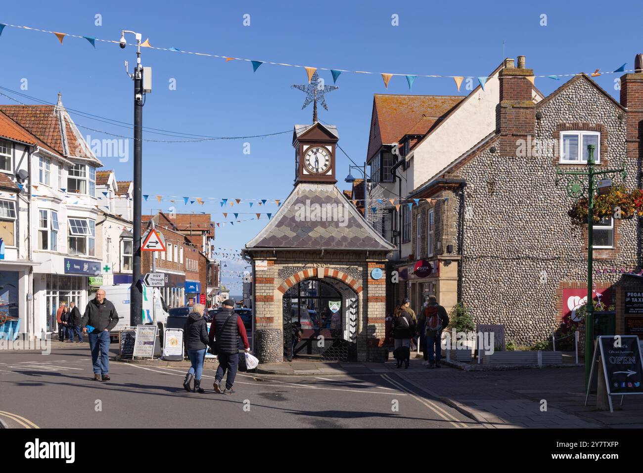 High Street scene in the seaside town and holiday resort of Sheringham ...