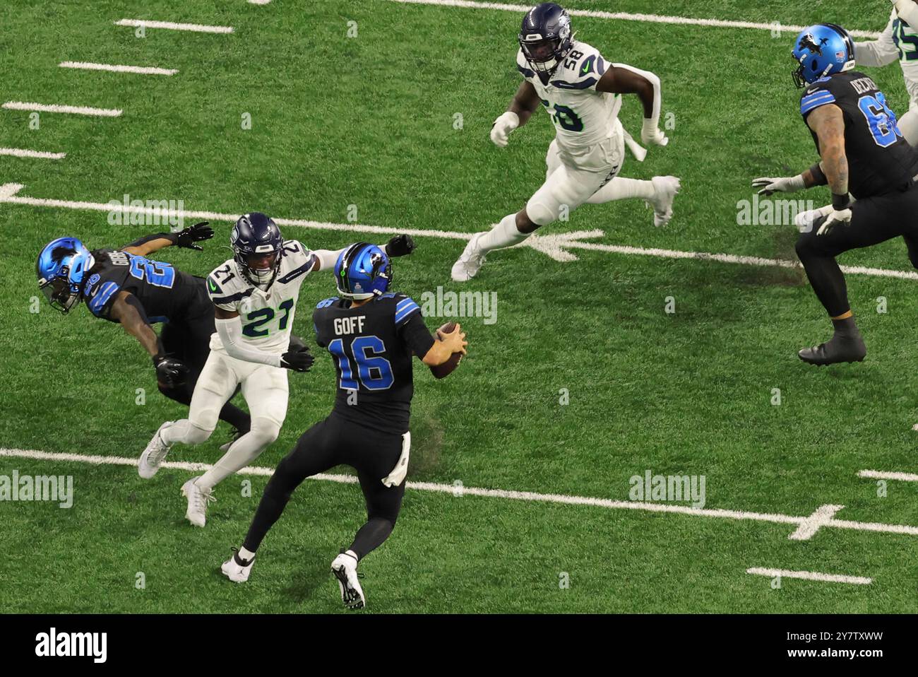 Detroit Lions quarterback Jared Goff (16) scrambles away from Seattle ...