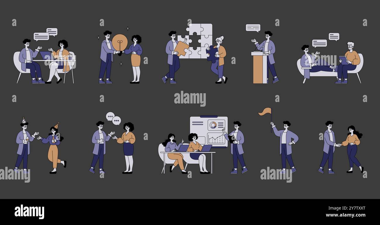 Business interaction set. Diverse office scenarios with collaboration ...