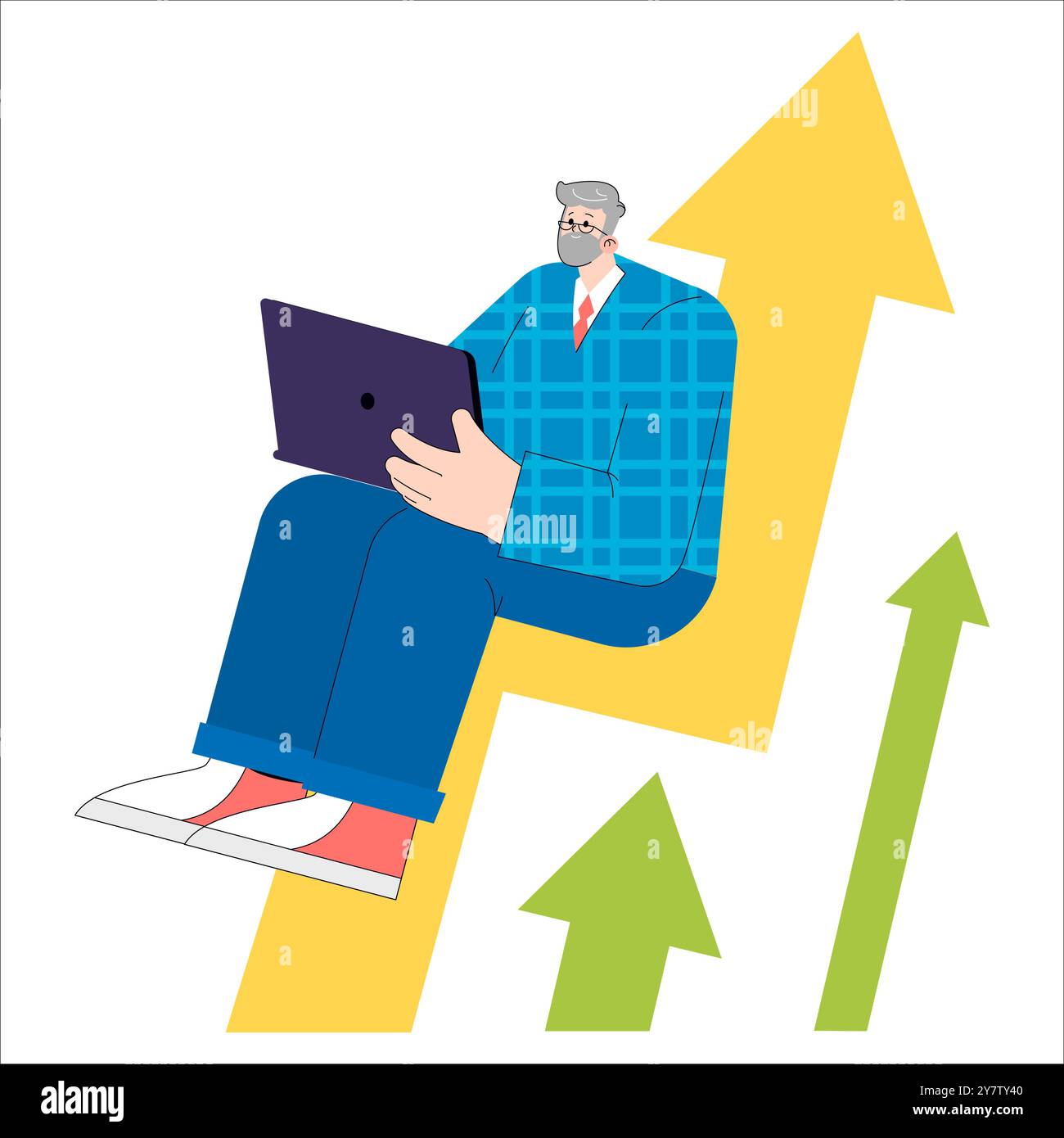 Older businessman on growth arrow using digital tablet. Seasoned ...