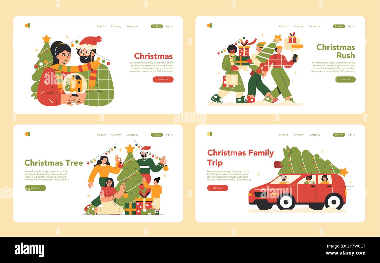 Christmas set. Festive season activities with gift exchange, busy ...