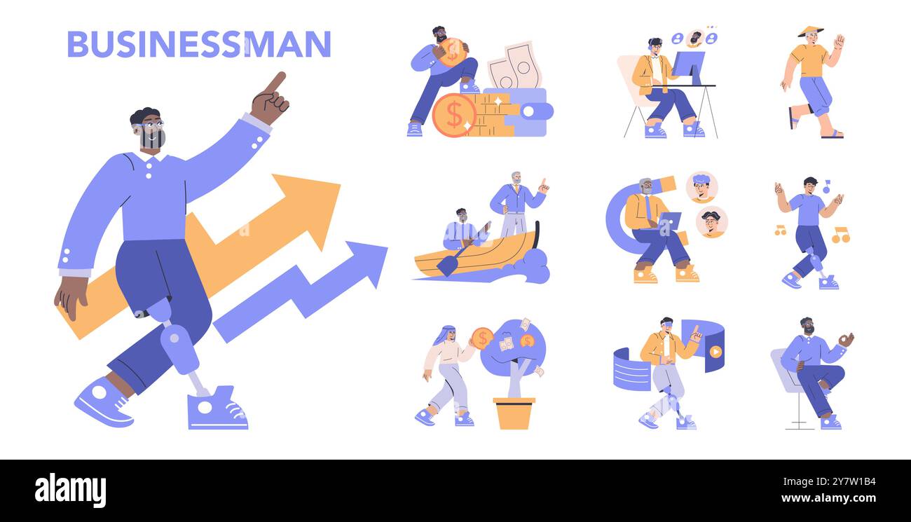 Businessman set. Diverse corporate activities and daily tasks. Goal ...