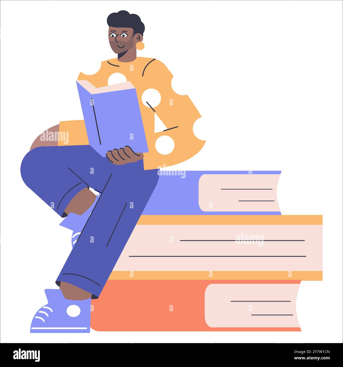 Diverse businessman concept. A man sits atop a stack of books ...