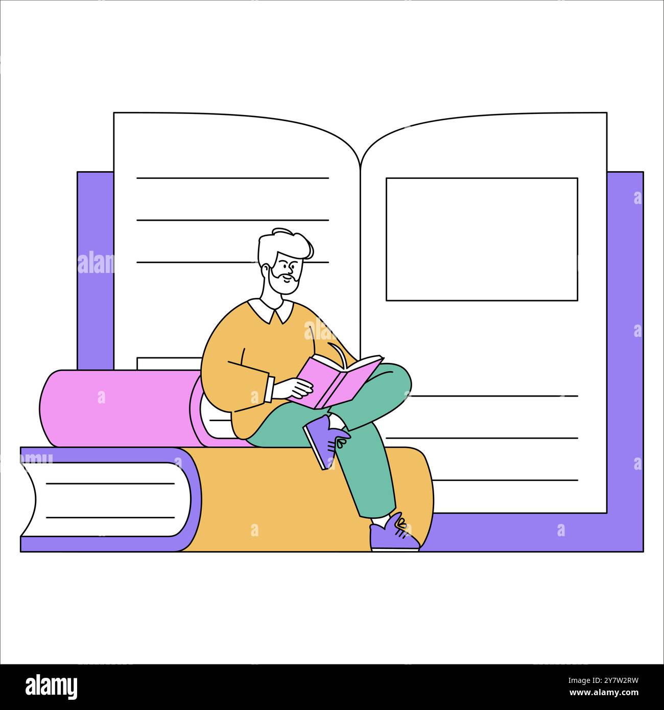 Education concept. Smiling man reading book on giant books, symbolizing ...