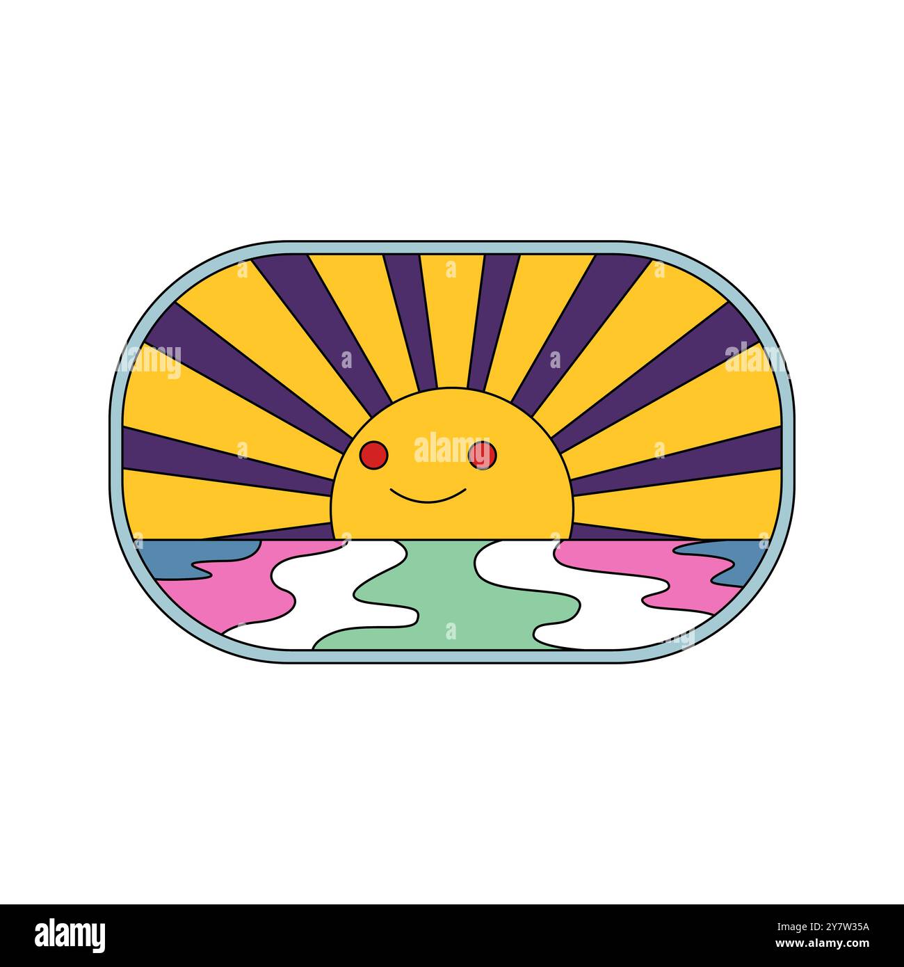 Groovy psychedelic sticker with sun character and color waves of sea ...