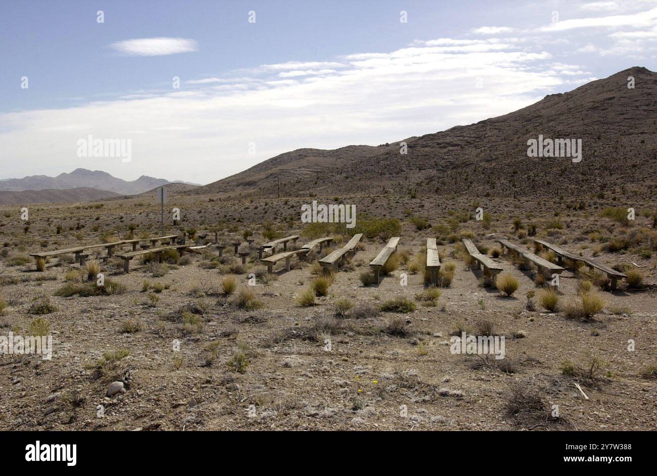 Mercury, Nevada --- These now rotting benches at the Nevada Test Site ...