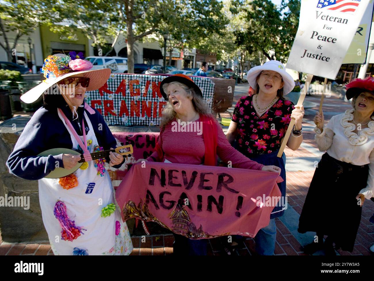 Palo Alto, California: July 31, 2008. Raging grannies (L-R) Shirley ...