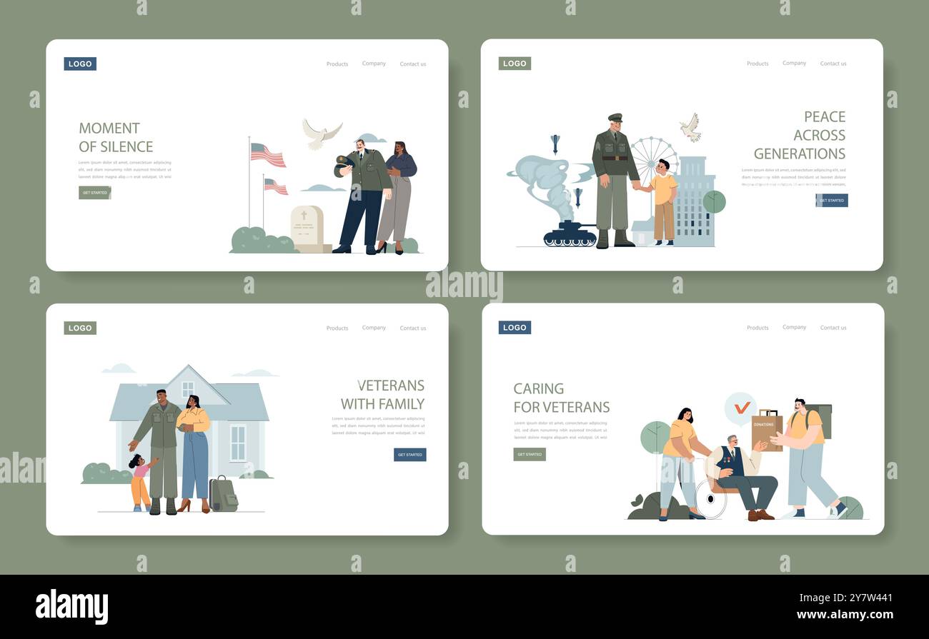 Veteran appreciation set. Illustrations of military service tribute, family reunions, and ...