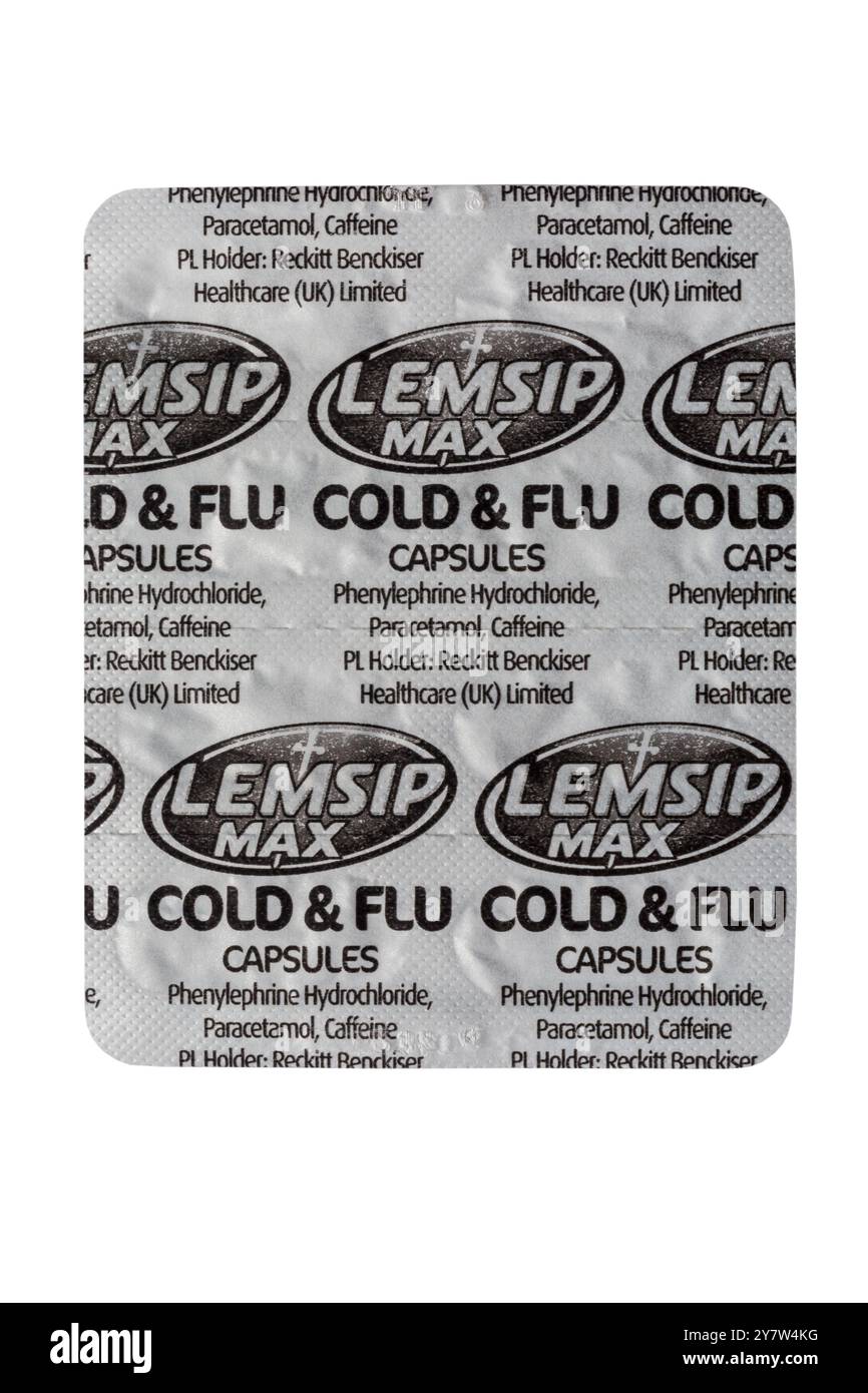 blister pack of Lemsip Max cold & flu capsules isolated on white ...