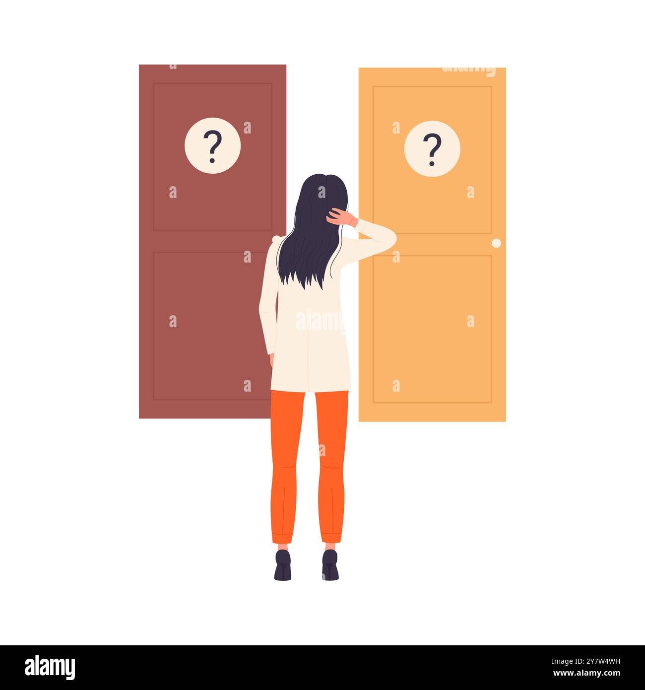 Girl standing in front of two doors to choose right path vector ...