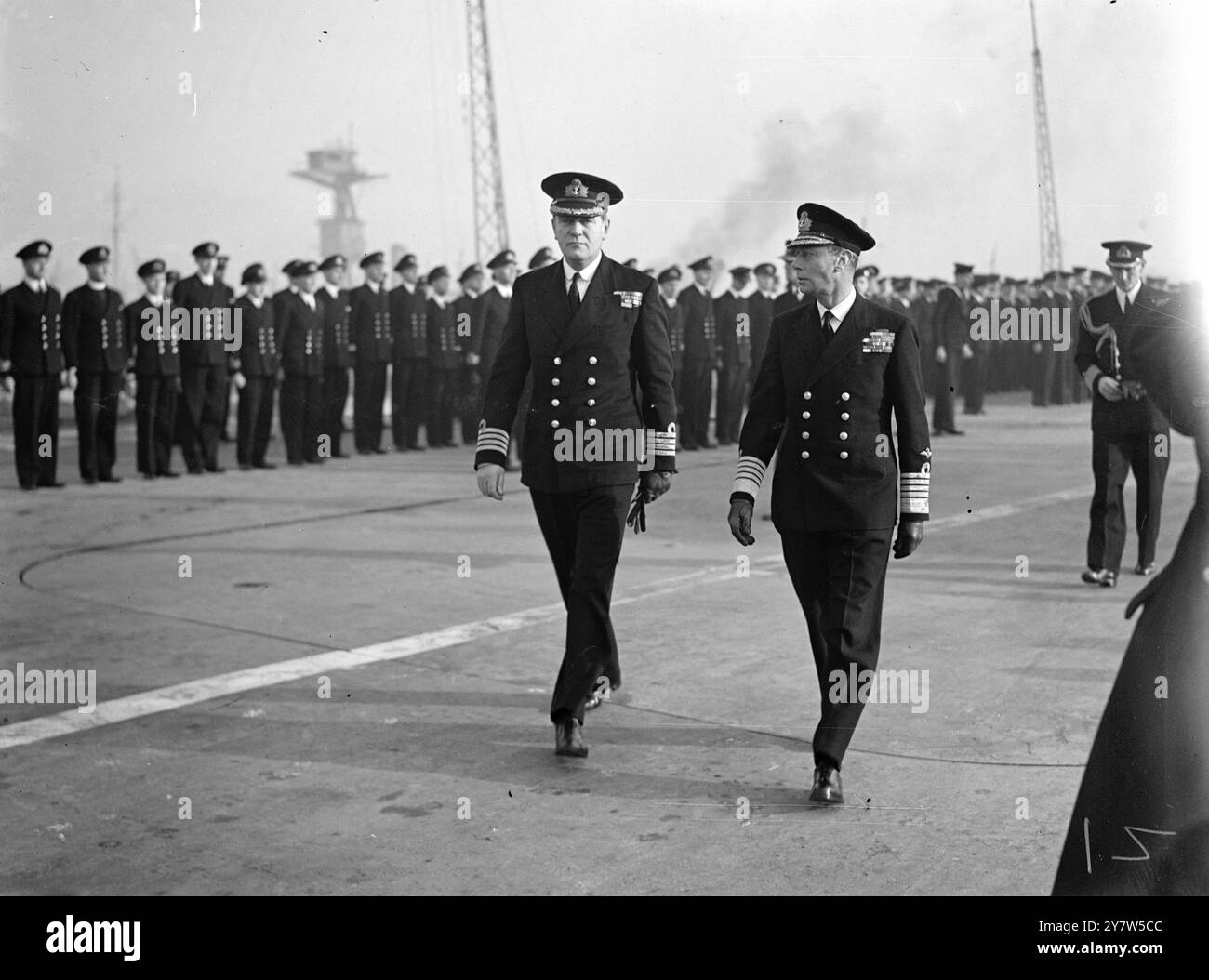 King George VI visits Aircraft carrier HMS Indefatigable at Portsmouth ...