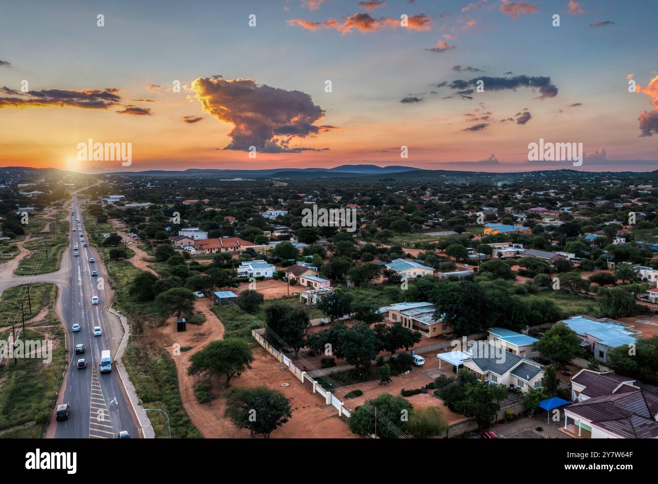 aerial view ,village in Botswana, residential area, road and scattered ...