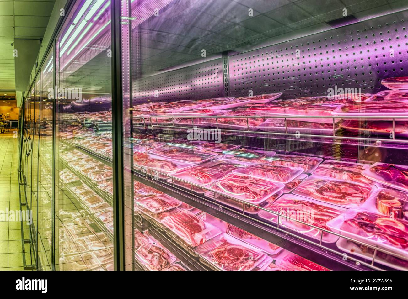 meat section display refrigerators in a supermarket Stock Photo - Alamy