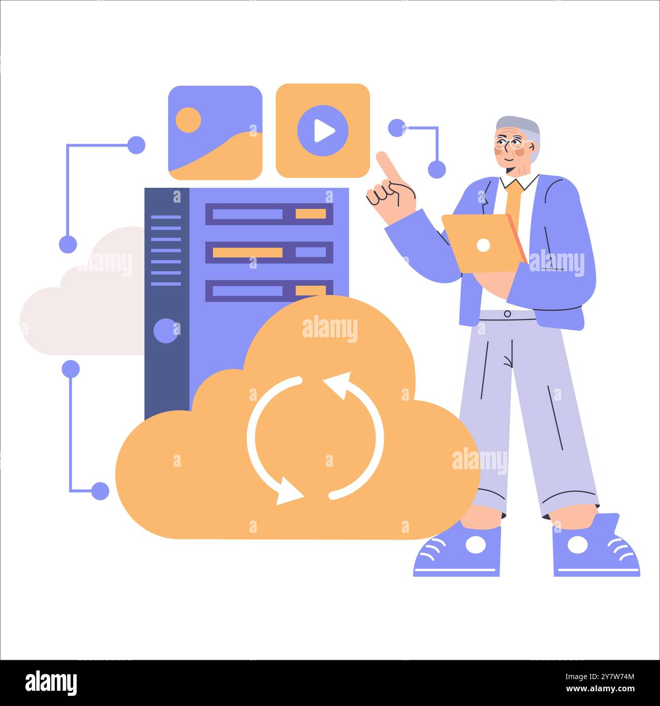 Cloud Computing concept. A businessman manages data transfer between ...