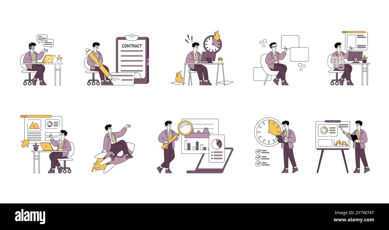 Businessman set. Corporate life stages and daily tasks. Meeting ...