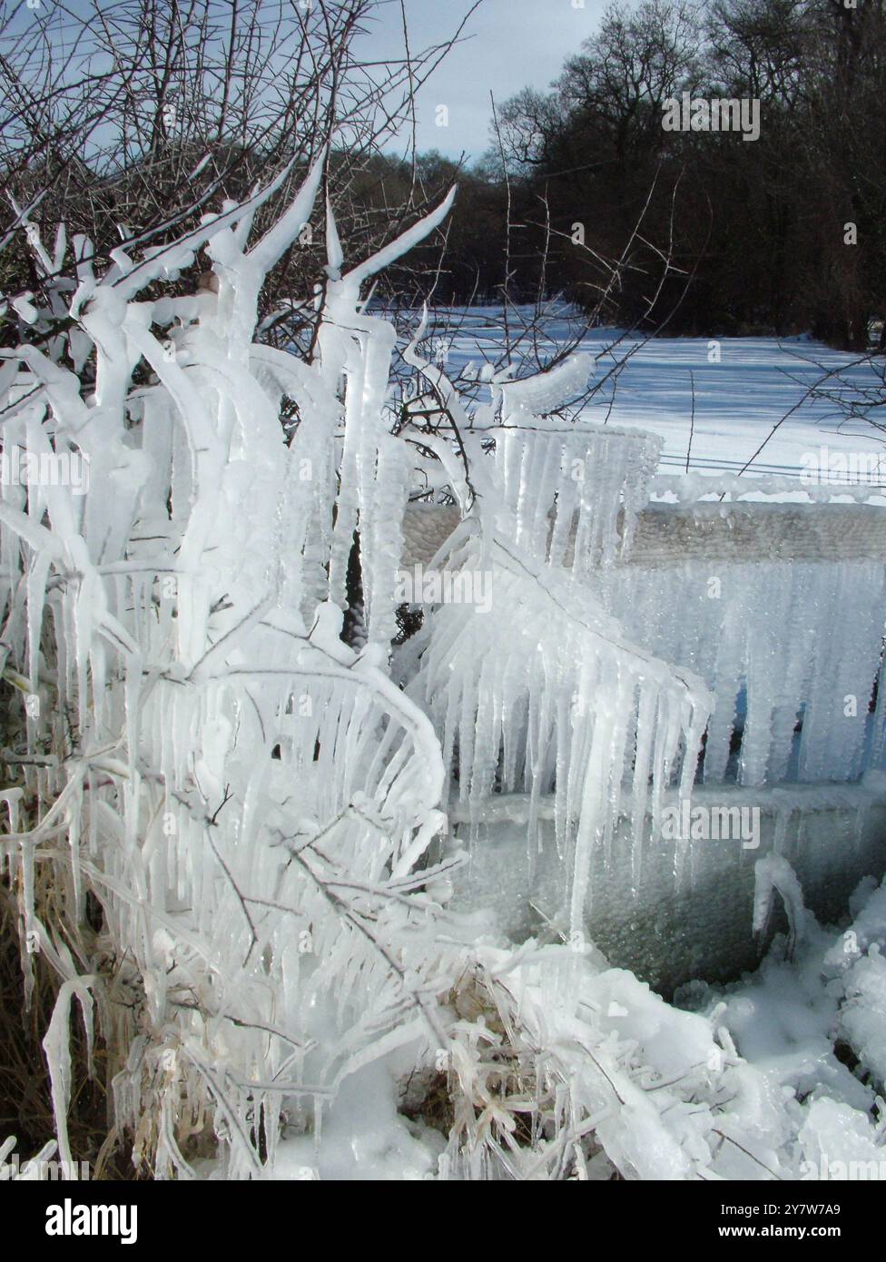 Ice formed by water from a broken water pipe on a cattle trough on a ...