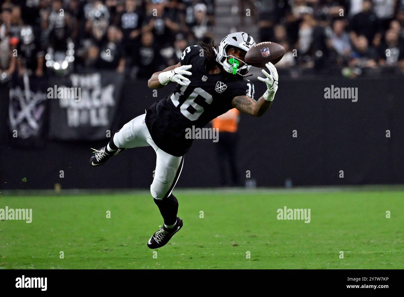 Las Vegas Raiders wide receiver Jakobi Meyers (16) attempts a reception during an NFL football ...