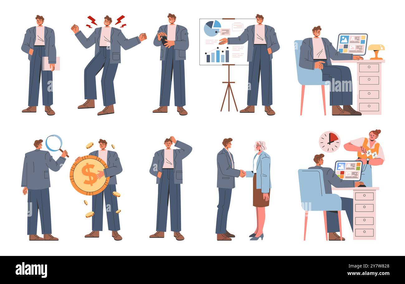 Businessman set. Various office scenarios depicting analytics ...