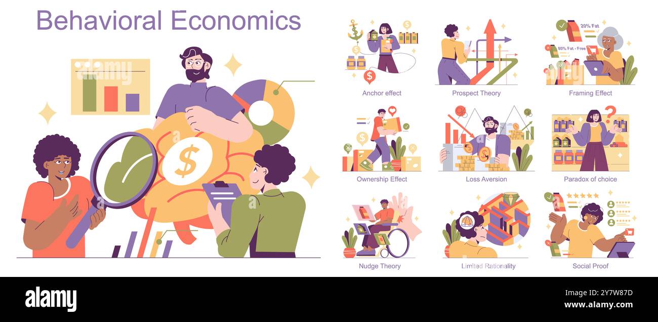 Behavioral Economics concept set. Illustration of cognitive biases and ...