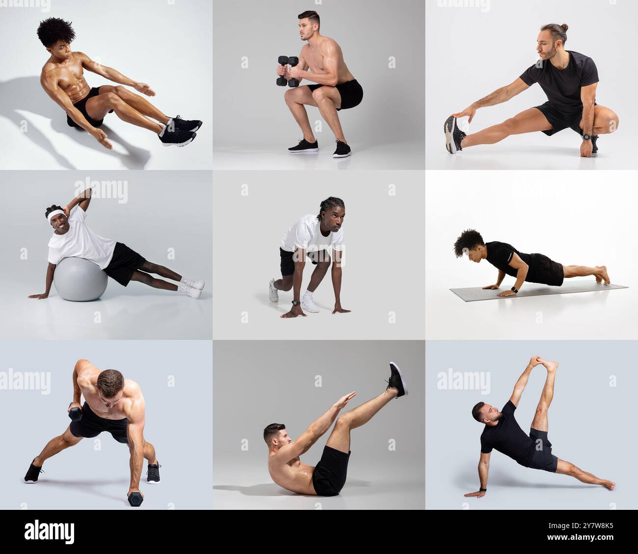 Group of diverse men engaging in various fitness activities indoors ...