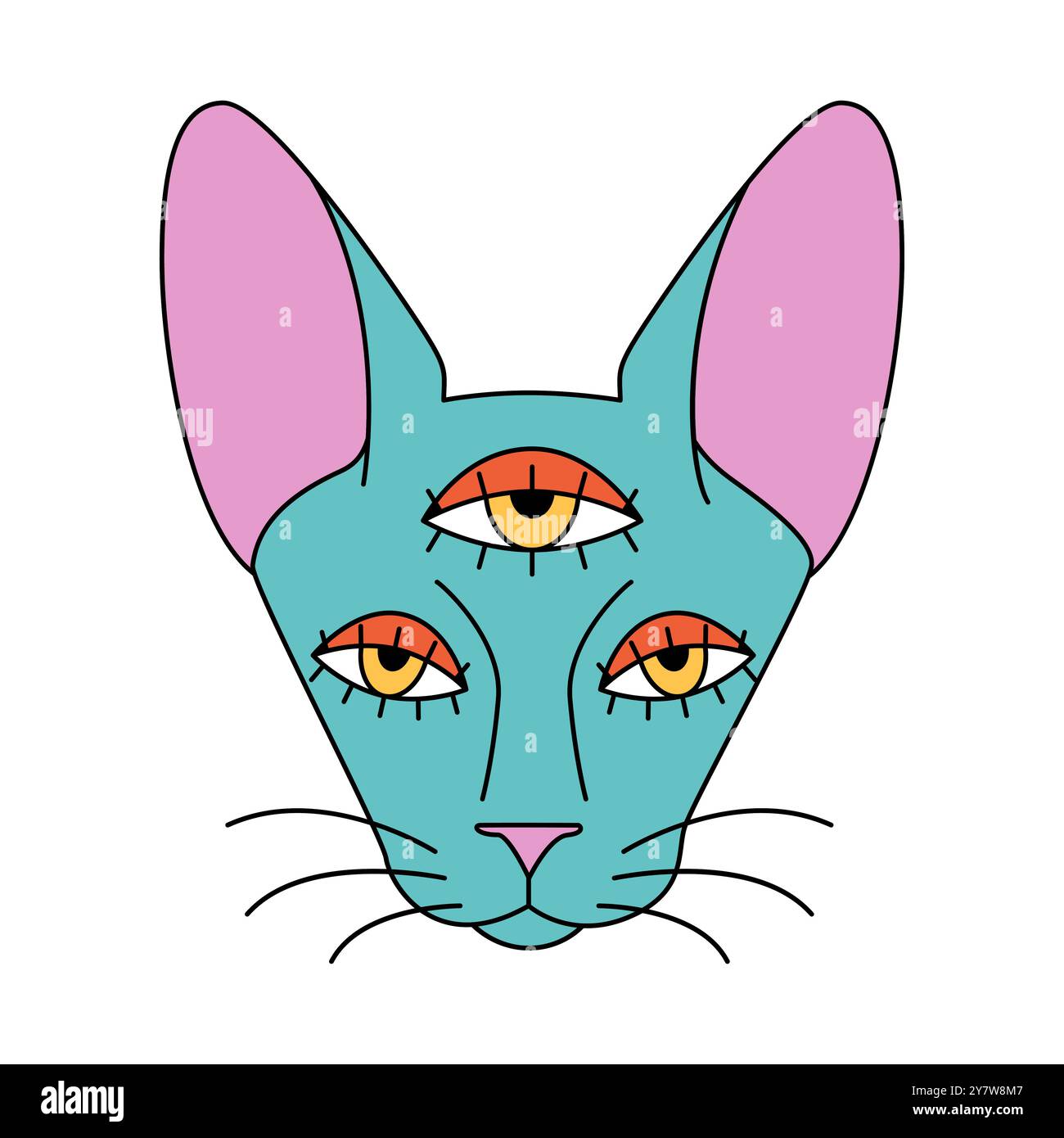 Head of psychedelic blue cat with three trippy eyes, hippie mascot ...