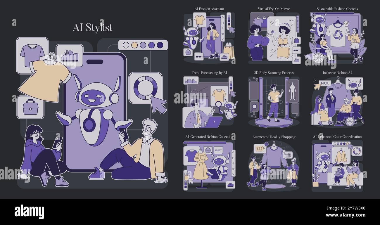 AI Stylist set. Exploring high-tech fashion solutions with a cute AI ...