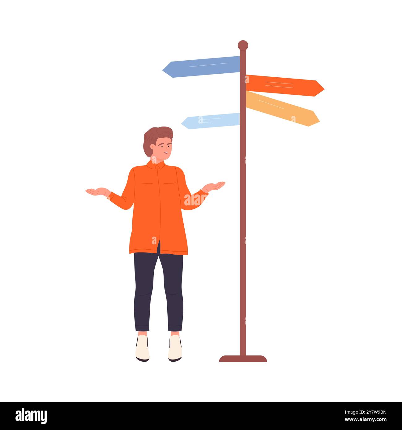 Puzzled man standing at road sign with arrows to choose path and ...