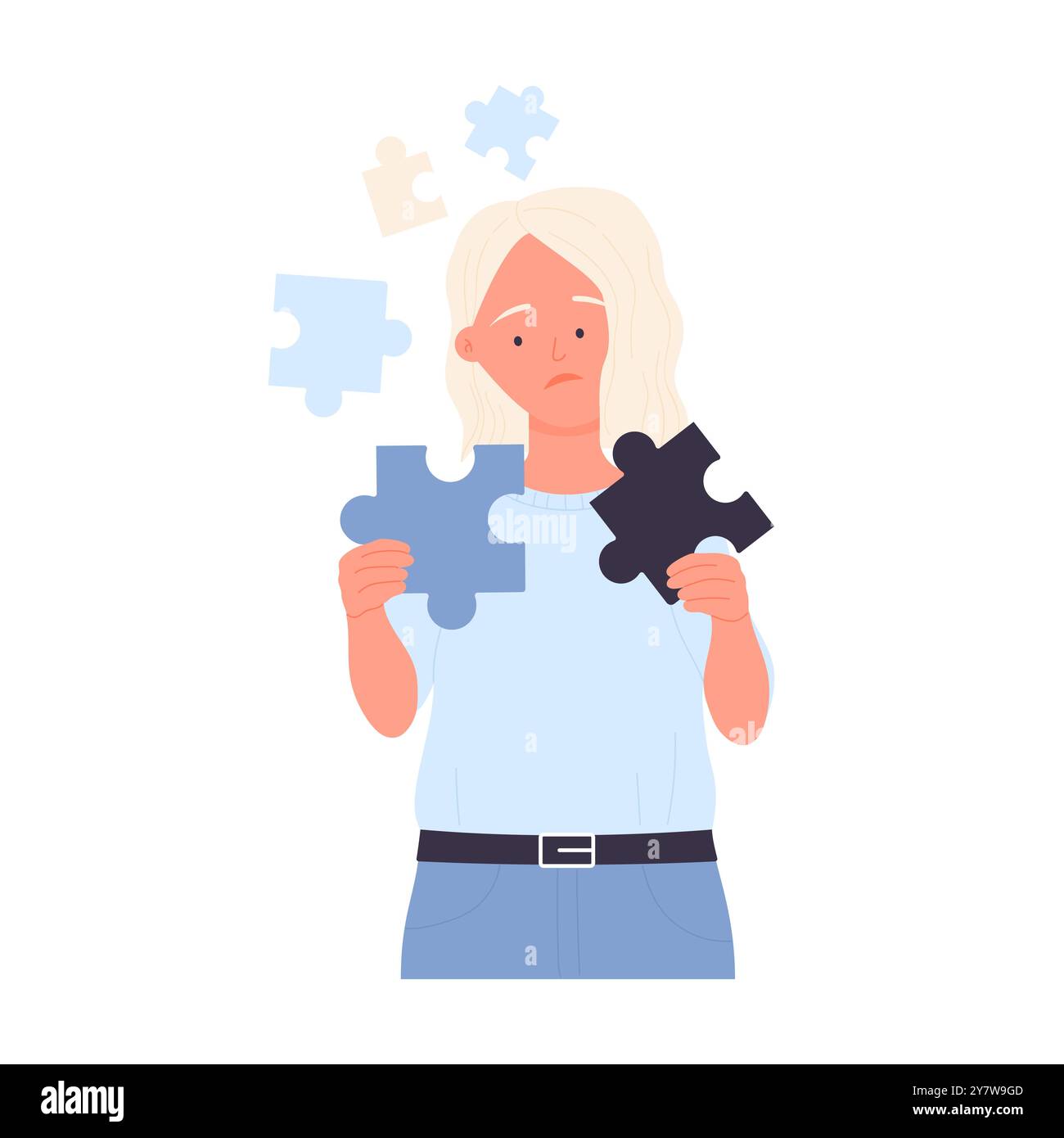 Sad girl holding puzzle pieces in hands to connect, thinking about ...